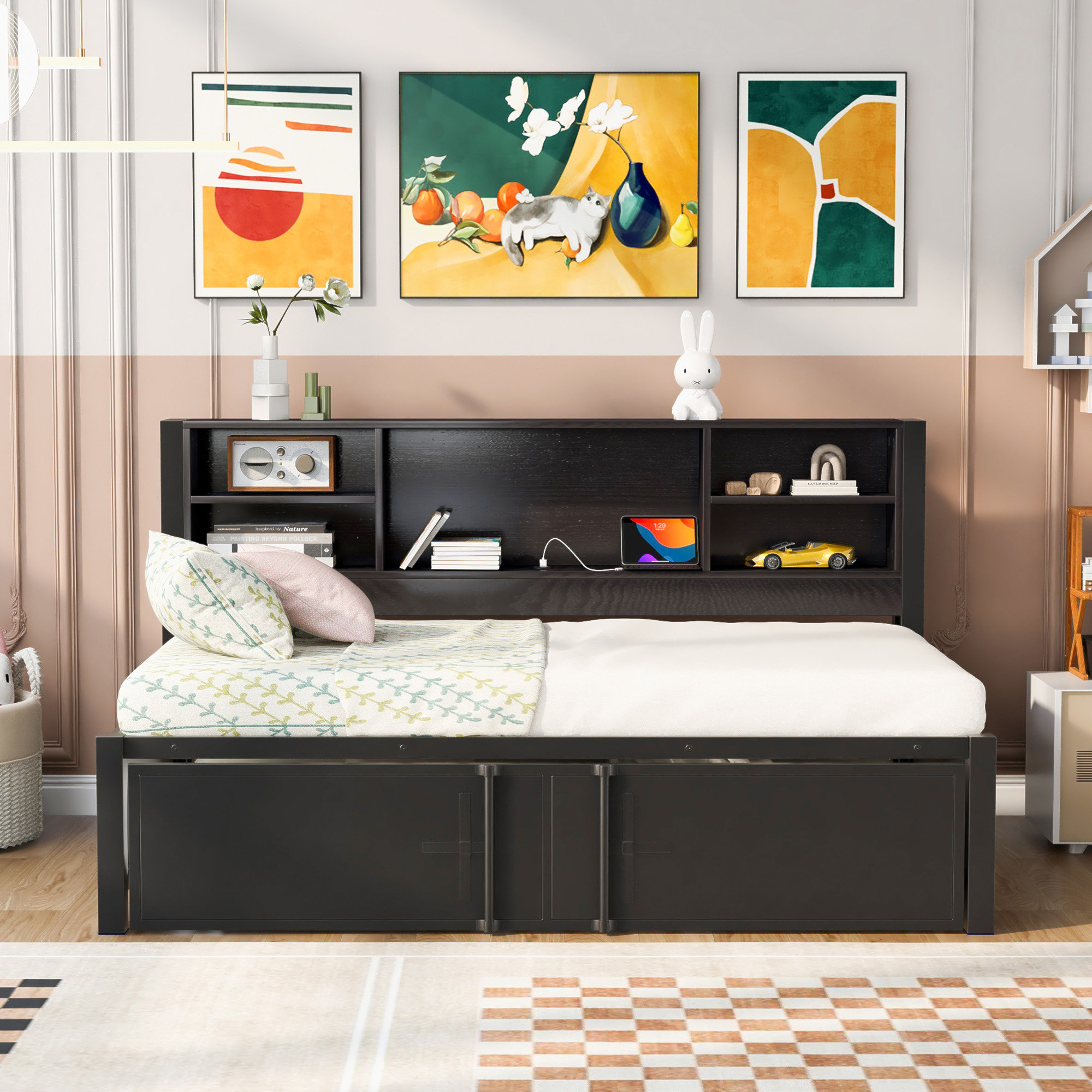 Lark Manor Metal Twin Size Daybed With Twin Size Trundle Storage Shelves And USB Ports Wayfair